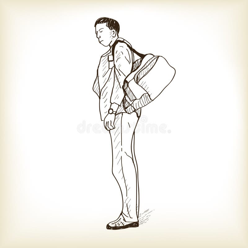Sketch a Man Standing and Waiting for Travel, Free Hand Draw Vector ...