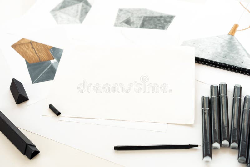 Sketch and Markers are on the Table. Place for Text Stock Image - Image ...