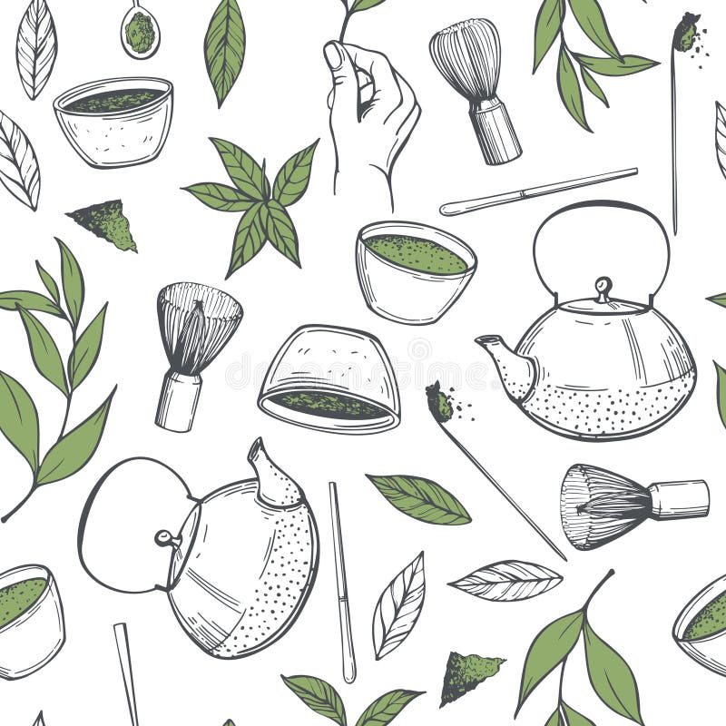 Sketch Matcha Tea Set. Vector Pattern Stock Vector - Illustration of ...