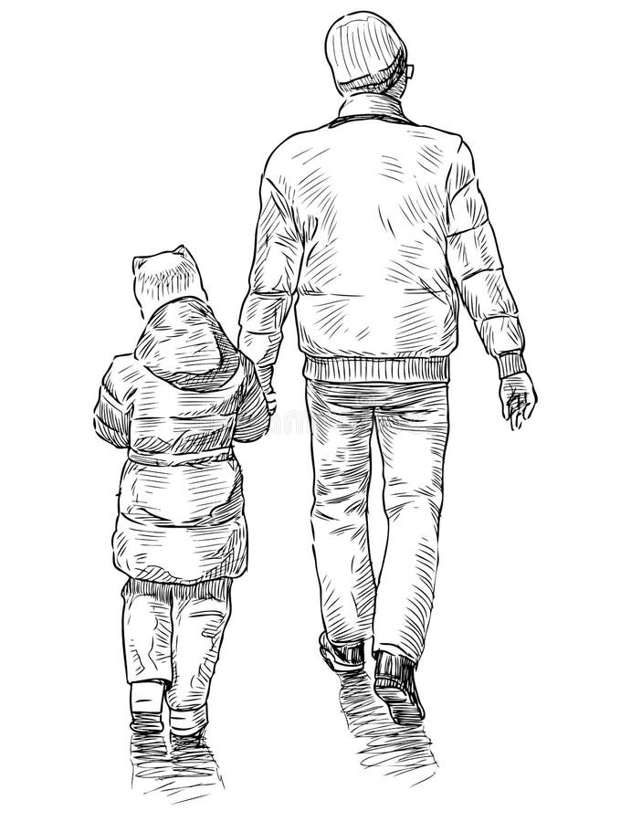 Fadern Och Sonen På Går Vektor Illustrationer Illustration Av Teckning