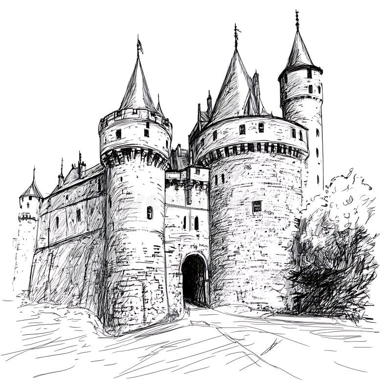Sketch of a Medieval Castle with Gatehouse and Towers Stock ...