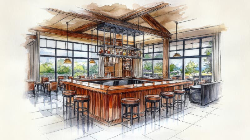 Sketch of a Modern Bar Design Highlighting Interior and Seating Layout ...