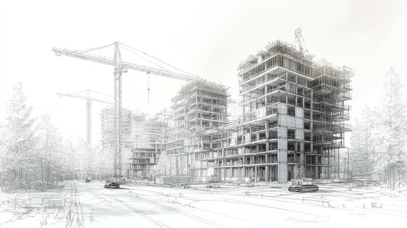 MODERN BUILDING UNDER CONSTRUCTION DRAWN with TWO CRANES in SKETCH ...