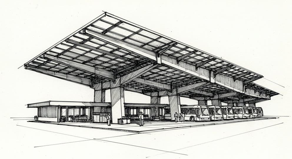 Sketch of a Modern Bus Terminal with a Large, Flat, Grid-like Roof ...