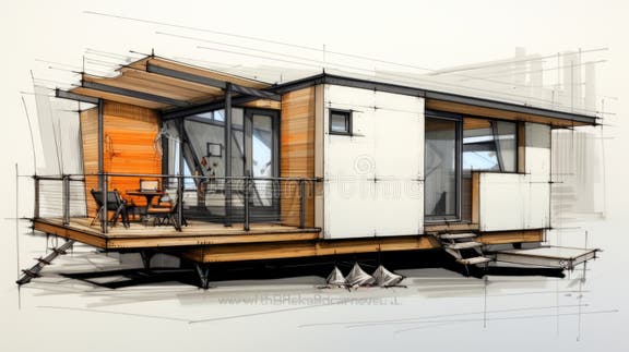 Sketch of Modern House with Deck and Wooden Frame Stock Illustration - Illustration of detail ...