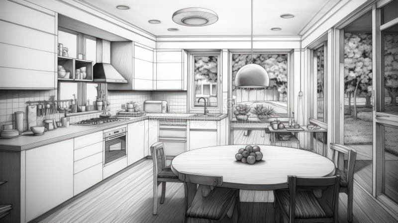Sketch of a Modern Kitchen Interior Design Stock Illustration ...
