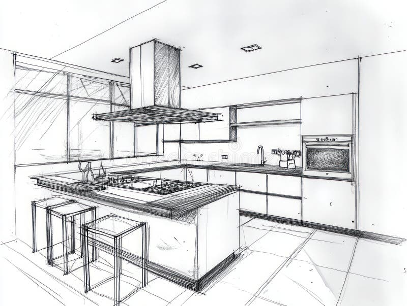Sketch of Modern Kitchen Layout with Cabinets and Appliances Stock ...