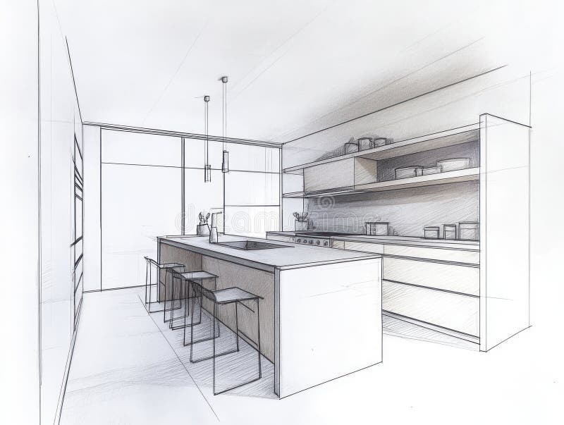 Sketch of Modern Kitchen Layout with Cabinets and Appliances Stock ...