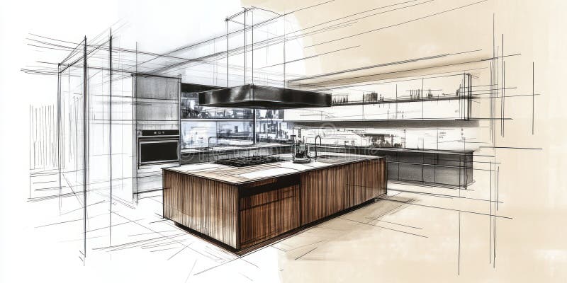 Sketch of Modern Kitchen Layout with Cabinets and Appliances Stock ...
