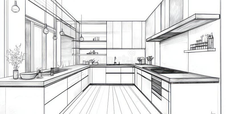 Sketch of Modern Kitchen Layout with Cabinets and Appliances Stock ...
