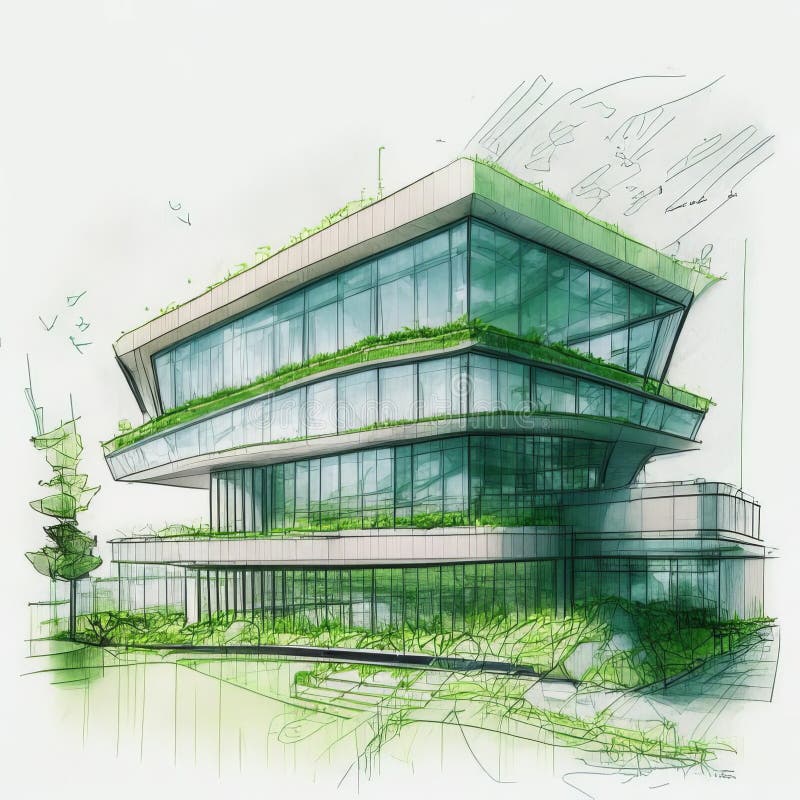 Sketch of Modern Office Building on a Background of Green Trees. Eco ...