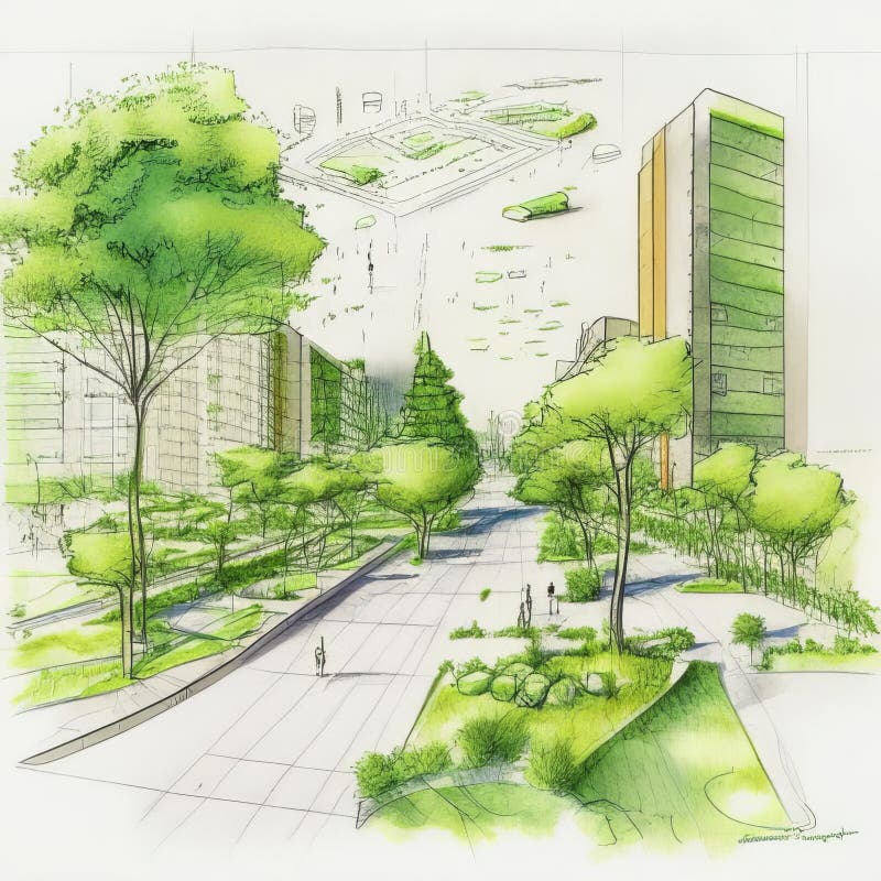 Sketch of Modern Office Building on a Background of Green Trees. Eco ...
