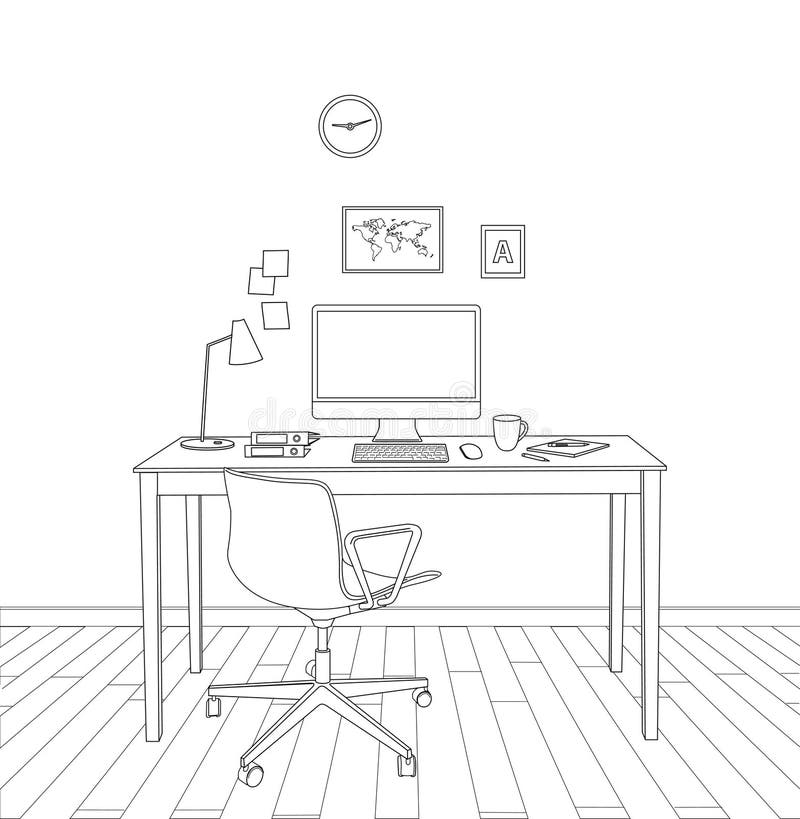 Sketch Modern Office Interior Stock Vector - Illustration of furniture ...
