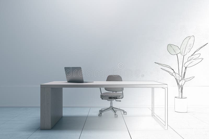 Sketch of Modern Office Interior with Desktop and Laptop. Stock ...