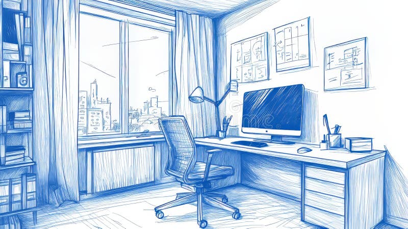 Sketch of a Modern Office Setup with Two Monitors Stock Photo - Image ...