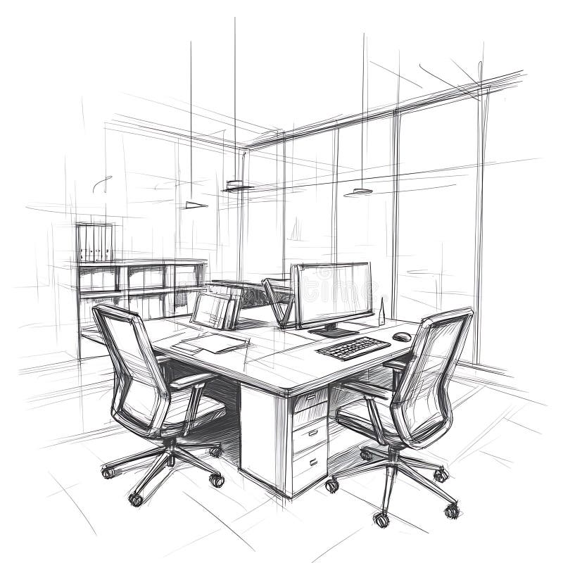 Sketch of a Modern Office Workspace Two Desks Computers and Ergonomic ...