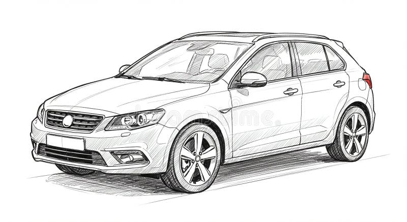 Sketch of a Modern SUV in a Three-quarter Front View. Features Include ...