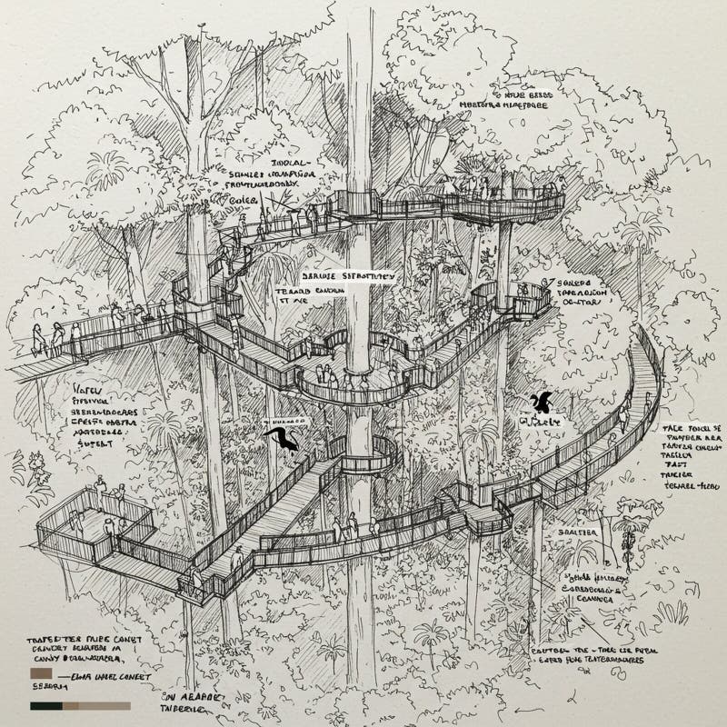 Sketch of a Multi-level Canopy Walkway Winding through a Dense Jungle ...