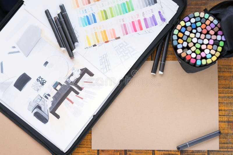 Sketch and Markers are on the Table. Place for Text Stock Photo - Image ...