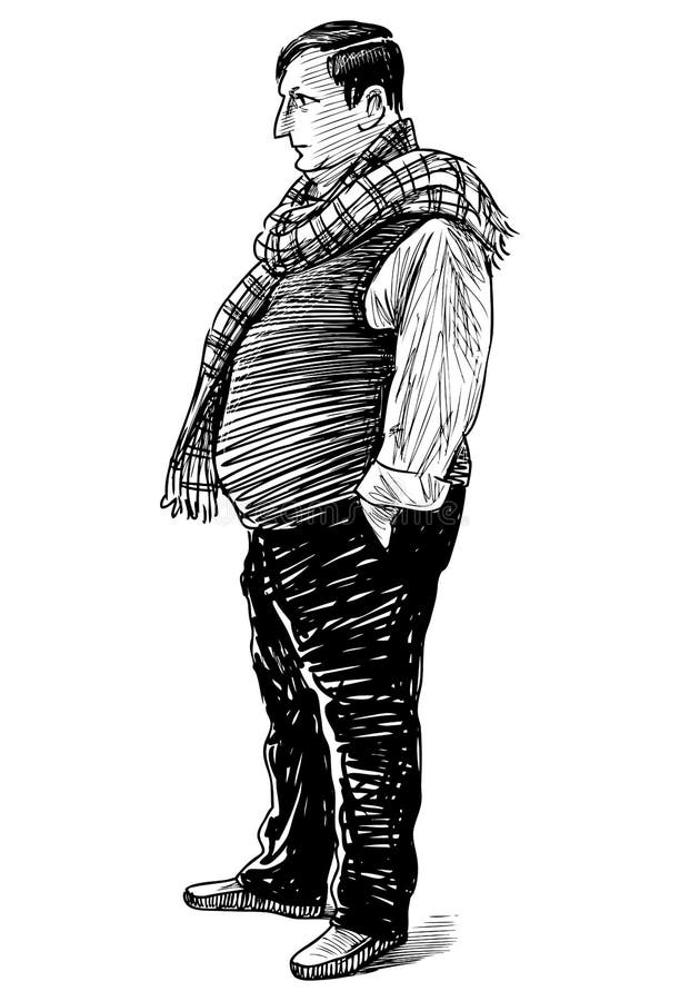 Sketch of Obese Man with Checkered Scarf Standing and Thinking Stock ...