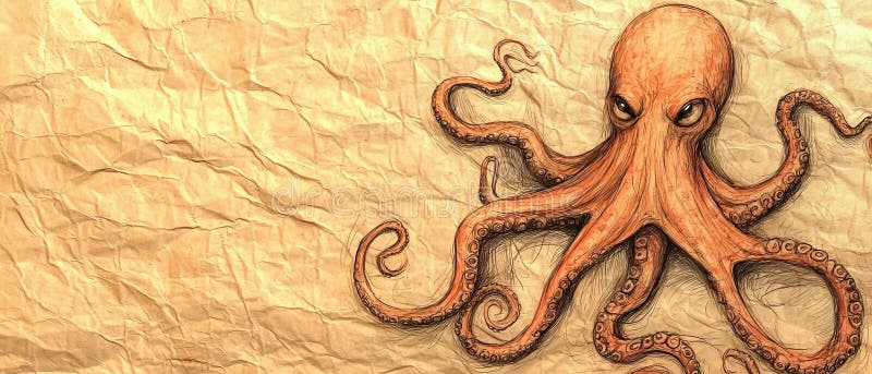 A Sketch of an Octopus on a Paper with a Pen and Ink Rendering of Its ...