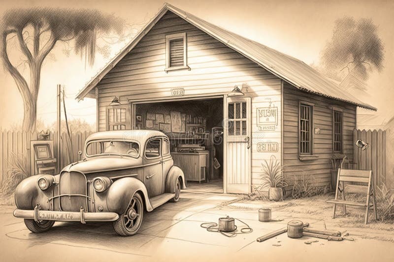 Sketch of Old-fashioned Garage, with Classic Car and Toolbox on the ...