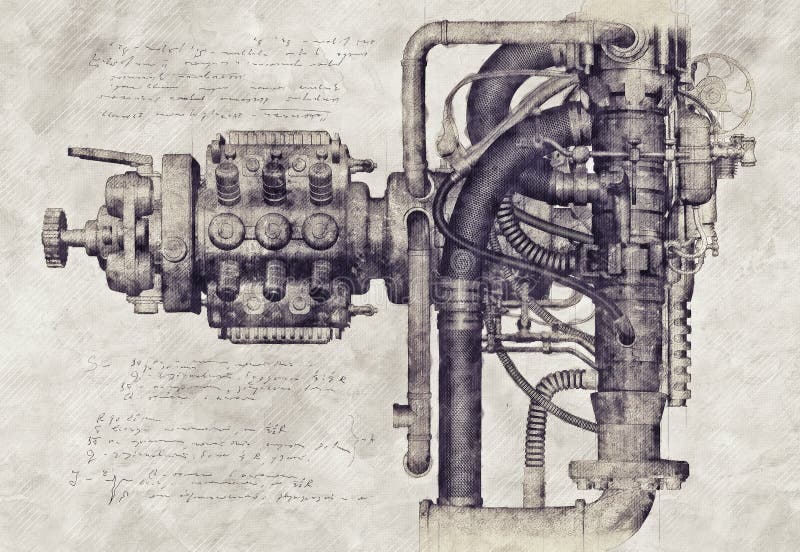 Sketch of an Old Machine, 3D Illustration Stock Illustration ...