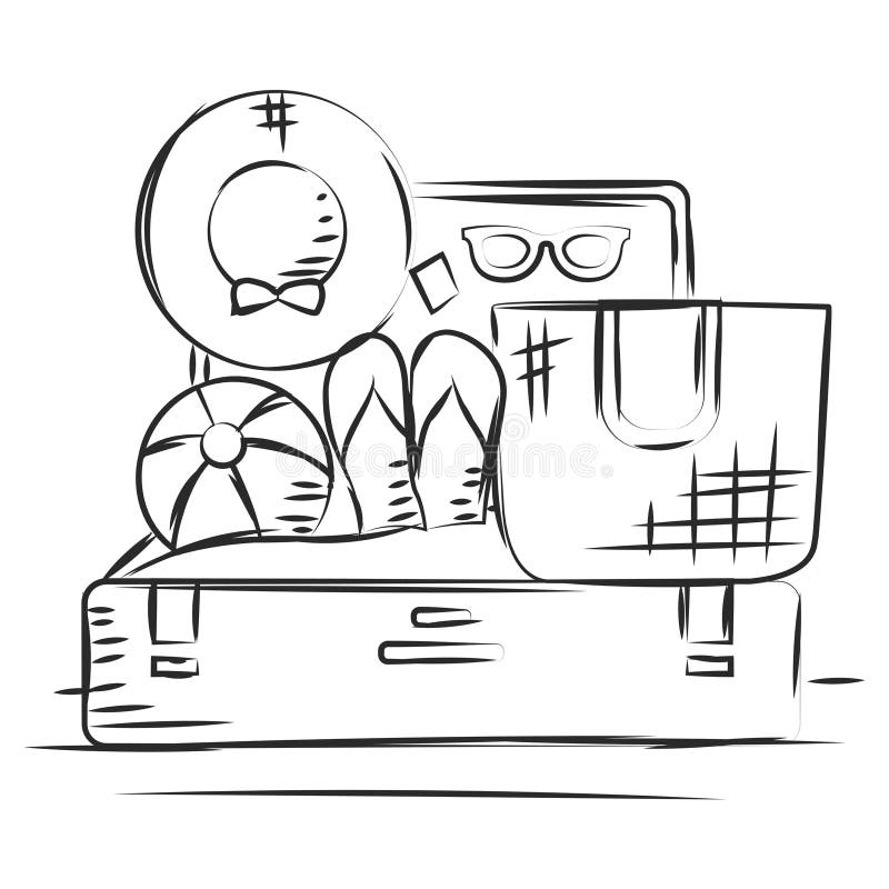 Sketch of an Open Travel Bag with Summer Objects Vector Stock Vector ...
