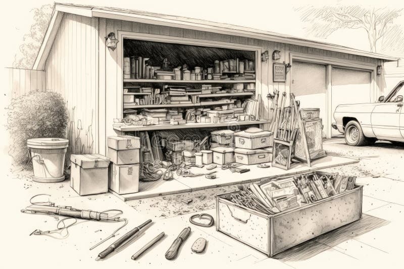 A Sketch of an Organized Garage, with a Toolbox, Wrench Set, and Other ...