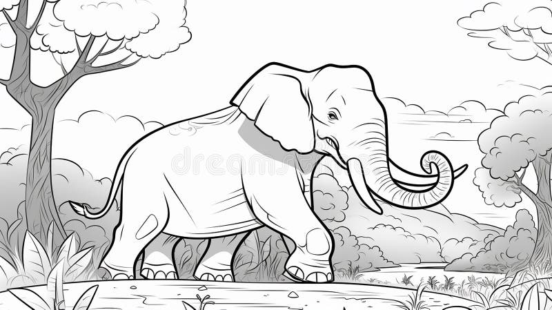 Sketch the of Outline a Friendly Elephant with a Raised Trunk and Big ... Sketch the of Outline a Friendly Elephant with a Raised Trunk and Big ...