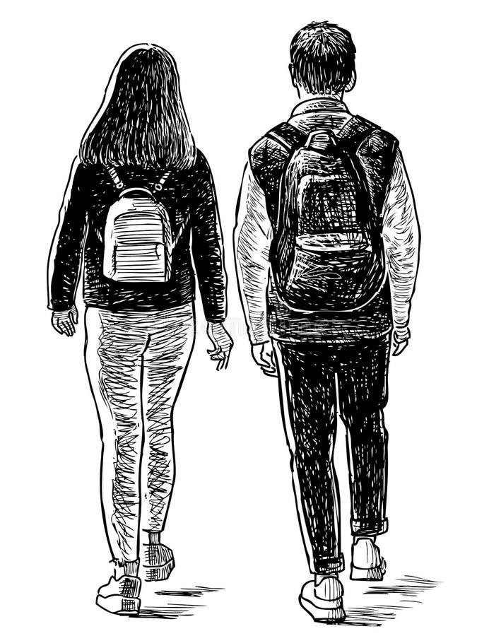 Sketch of a Pair of Students Going on a Stroll Stock Vector ...