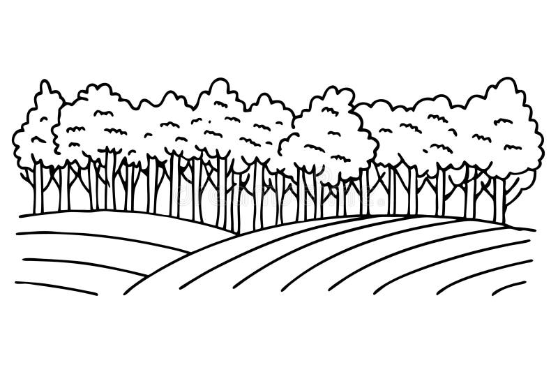 Sketch of a Peaceful Forest Landscape with Trees and Rolling Hills ...
