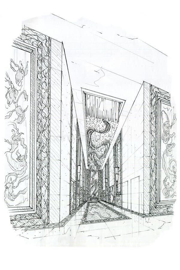 Sketch Perspective Interior Lift Hall , Black and White Interior Design ...