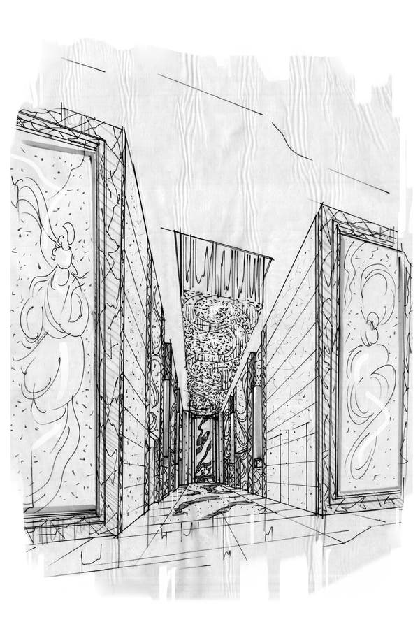 Sketch Perspective Interior Lift Hall , Black and White Interior Design ...