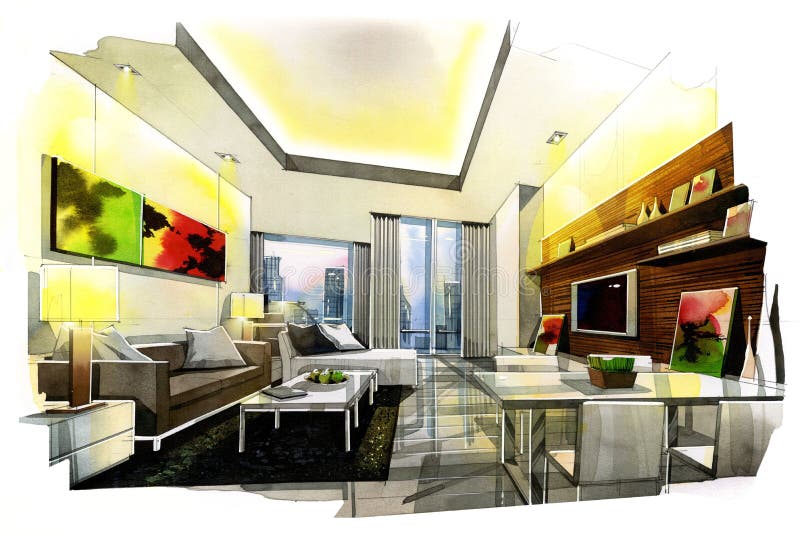 Sketch Perspective Interior Ballroom into a Watercolor Stock ...