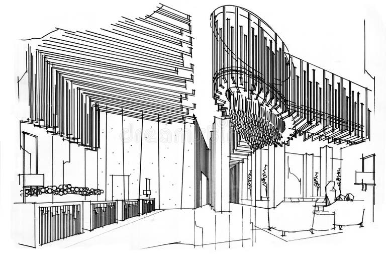 Sketch Perspective Interior Lobby Black White Interior Design Stock ...