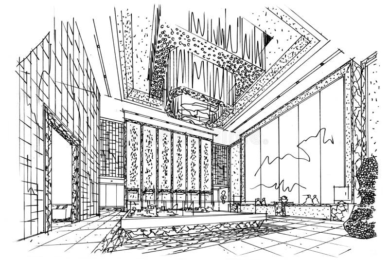 Sketch Perspective Interior Lobby , Black and White Interior Design ...