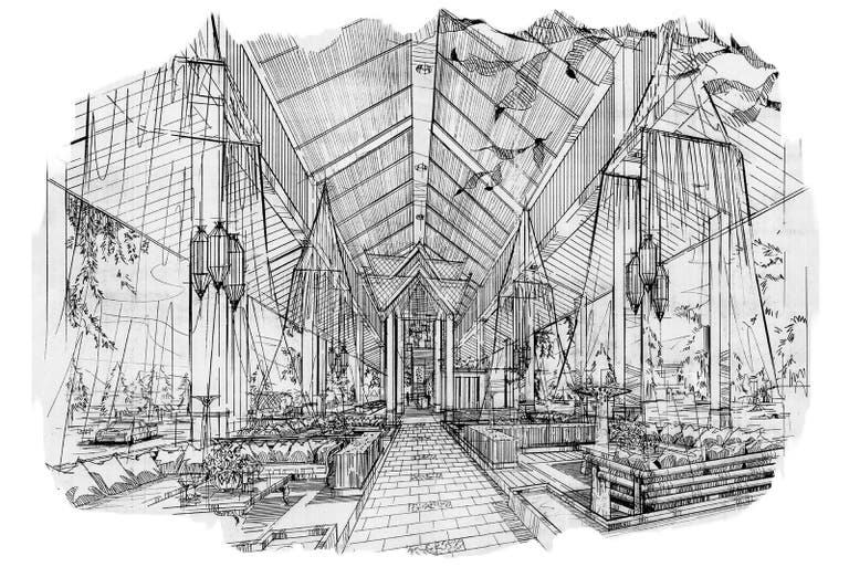 Sketch Perspective Interior Lobby Black White Interior Design Stock ...