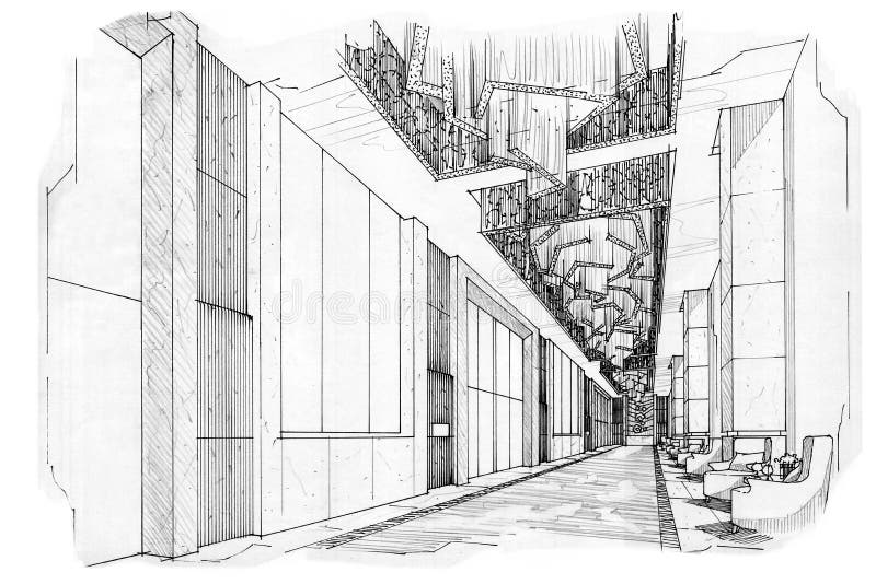 Sketch Perspective Interior Pre Function Room , Black and White ...