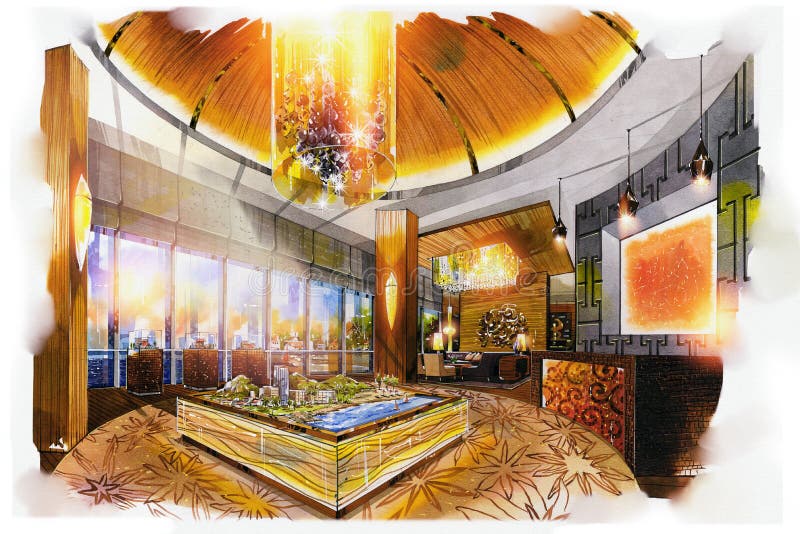 Sketch Perspective Interior Living Office into a Watercolor Stock ...