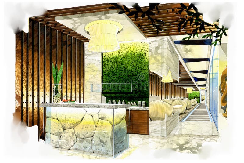 Sketch Perspective Interior Reception Spa into a Watercolor Stock ...