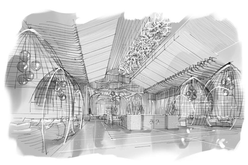 Sketch Perspective Interior Lobby Lounge Black White Interior Design ...