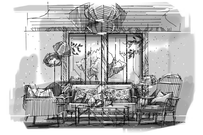 Sketch Perspective Stripes Lobby Lounge Stock Illustration ...