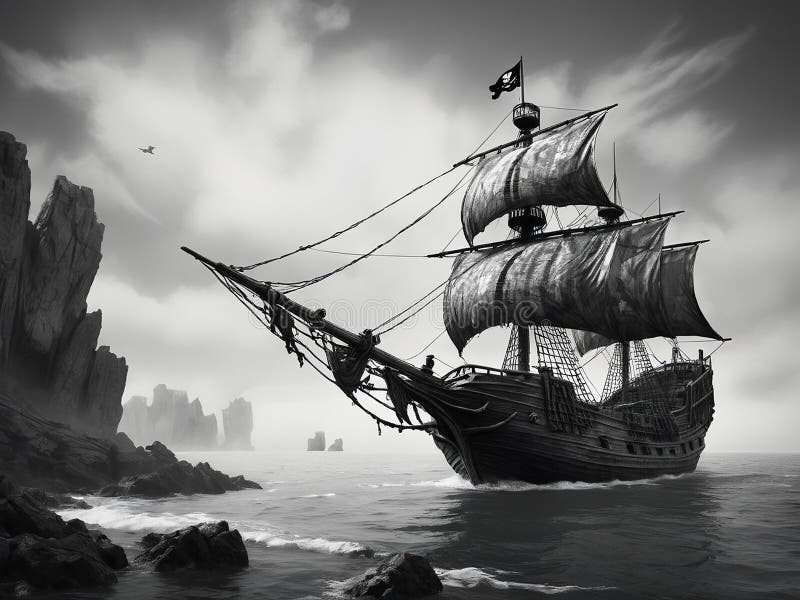 A Sketch of a Pirate Ship in Black-and-white with Realistic Textures ...