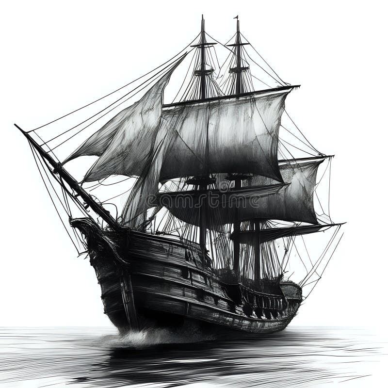 A Sketch of a Pirate Ship in Black-and-white with Realistic Textures ...