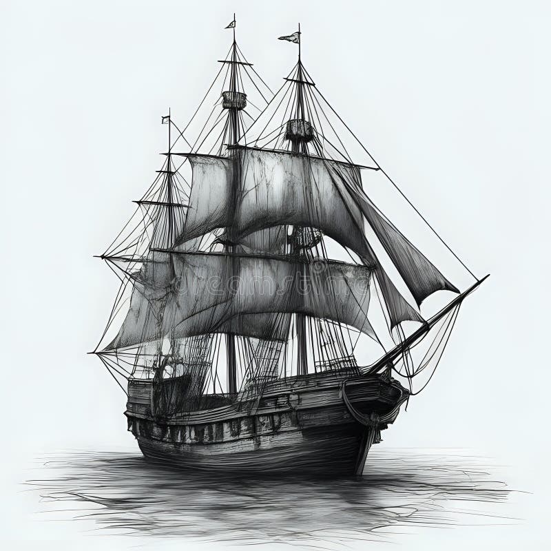 A Sketch of a Pirate Ship in Black-and-white with Realistic Textures ...