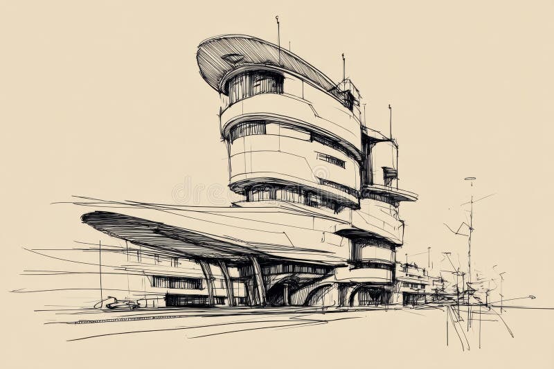 Futuristic Architectural Sketch of a Unique Building with Dynamic Lines ...