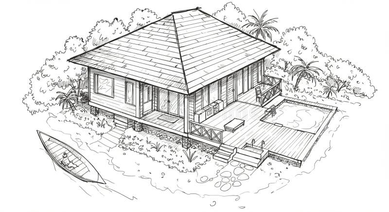 A Sketch of a Raised, Rectangular House with a Pitched Roof, Likely Representing a Stock ...
