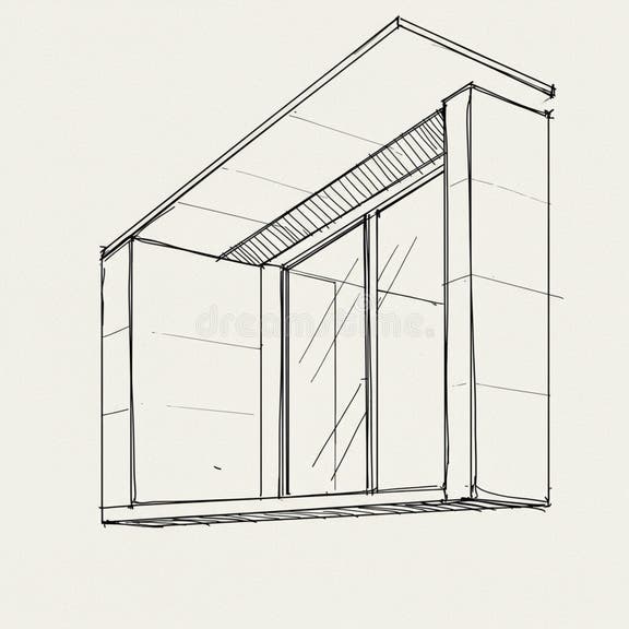 Sketch of a Rectangular Architectural Structure Featuring Large Glass ...