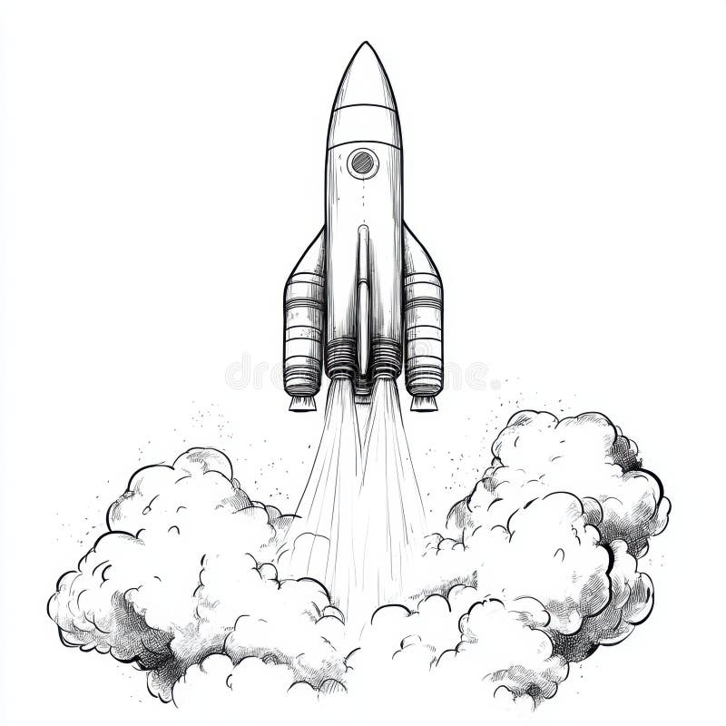 Sketch of a Rocket Launching into the Sky with Smoke Stock Illustration ...